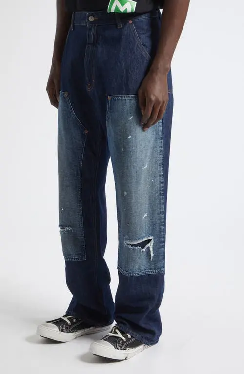 MAISON MARGIELA Paneled Straight Leg Jeans With Ripped Knee Detail