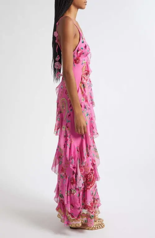 Camilla Asymmetric Ruffle Floral Silk Maxi Dress