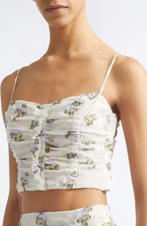 Ulla Johnson Sylvette Floral Ruched Silk Organza Crop Top