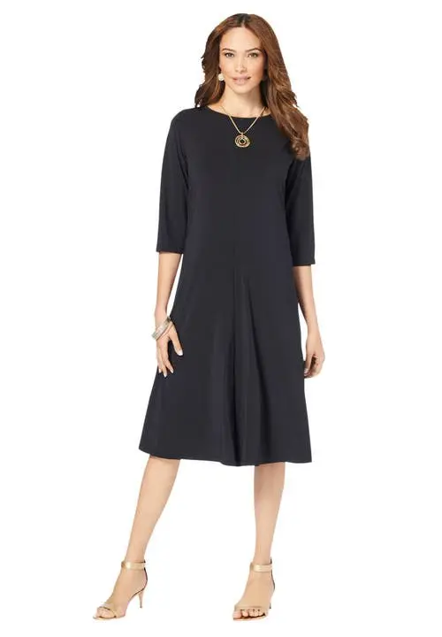Roaman's 3/4 Sleeve Boatneck Printed Swing Dress - Black