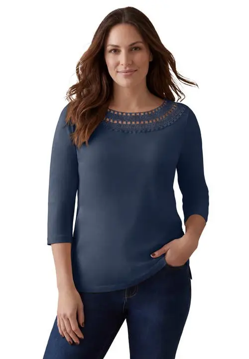 JESSICA LONDON Crochet Trim Boatneck Tunic - Navy