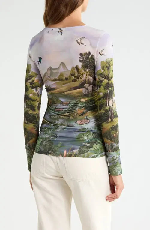 Farm Rio Ruched Landscape Print Long Sleeve Top