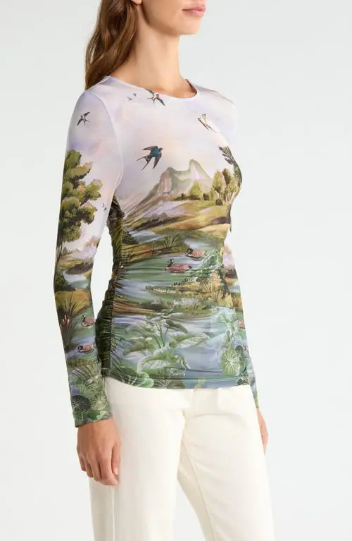 Farm Rio Ruched Landscape Print Long Sleeve Top