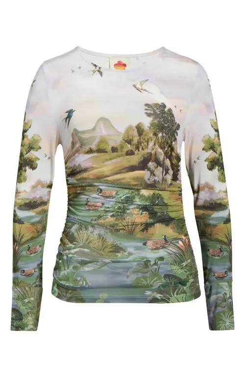 Farm Rio Ruched Landscape Print Long Sleeve Top