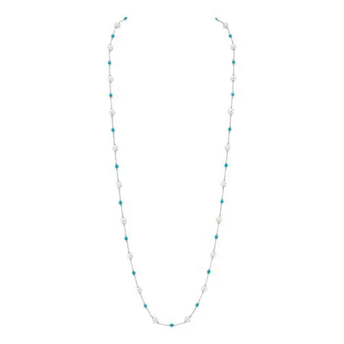 THE PEARL SOURCE White Freshwater Pearl Tincup Turquoise Necklace - Sterling Silver
