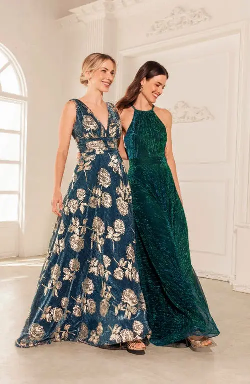 Betsy & Adam Floral Metallic Gown