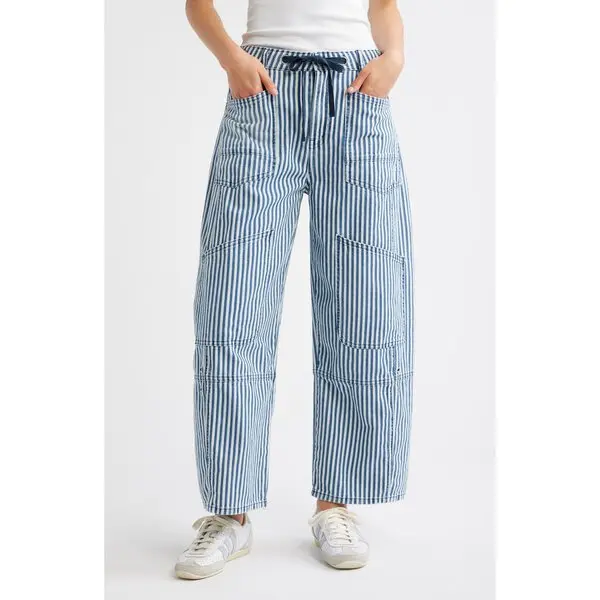 TRACTR Cropped Cargo Pants With Drawstring Waist - Blue Stripe