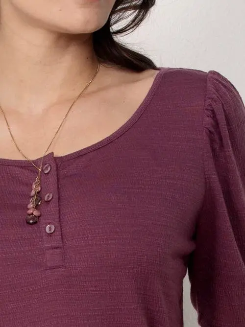 SINGLE STITCH Ultra Soft Scoop Neck Henley With Puff Sleeves - Plum
