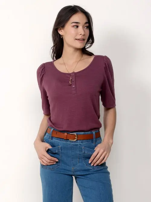 SINGLE STITCH Ultra Soft Scoop Neck Henley With Puff Sleeves - Plum