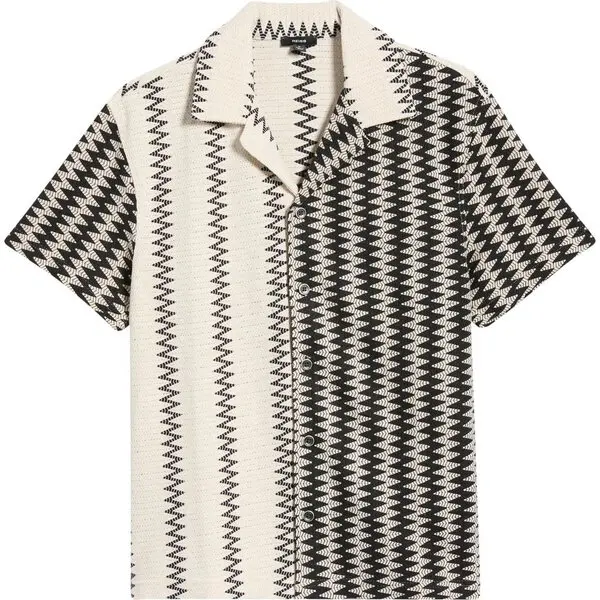 REISS Dain Chevron Stripe Knit Camp Shirt - White/black