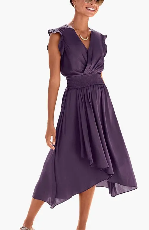LASCANA Ruffled Cap Sleeve Satin Wrap Dress - Purple