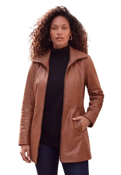 Roaman's A Line Leather Jacket With Wing Collar - Cognac