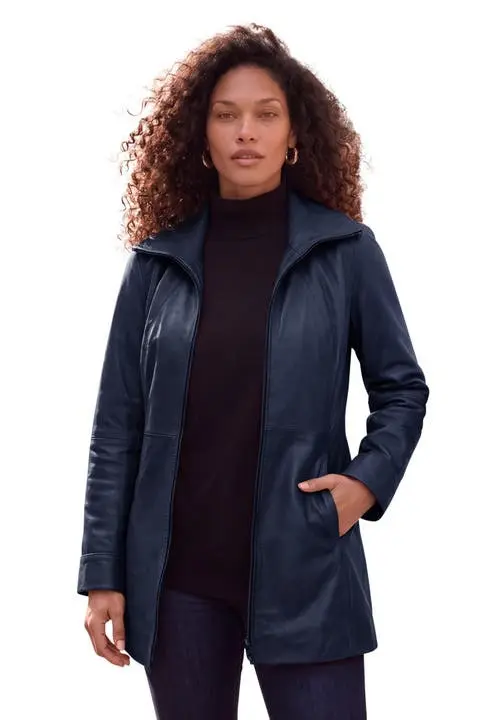 Roaman's A Line Leather Jacket - Navy