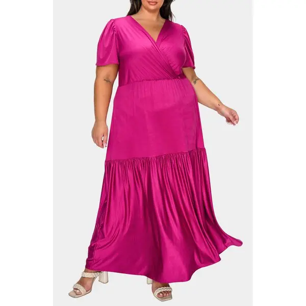 L I V D Violetta Tiered Surplice Maxi Dress - Magenta