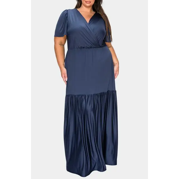 L I V D Violetta Tiered Surplice Maxi Dress - Navy