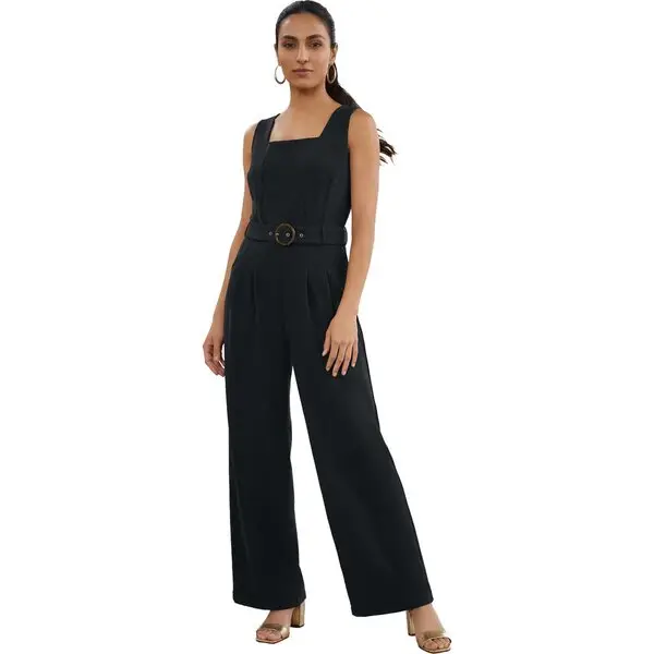 JESSICA LONDON Sleeveless Wide Leg Crepe Jumpsuit With Belted Waist - Black