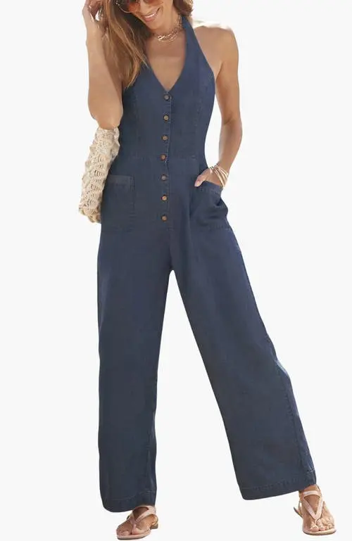 LASCANA Denim Look Halterneck Wide Leg Jumpsuit - Blue