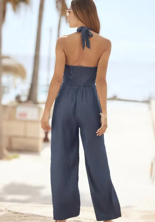LASCANA Denim Look Halterneck Wide Leg Jumpsuit