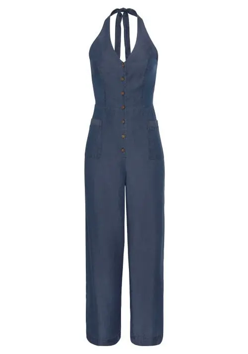 LASCANA Denim Look Halterneck Wide Leg Jumpsuit