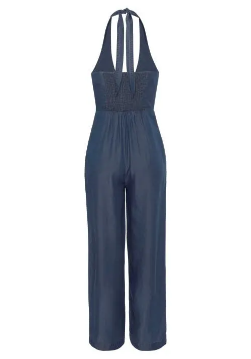 LASCANA Denim Look Halterneck Wide Leg Jumpsuit