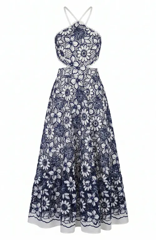 MODENAIRE Halterneck Dress With Vintage Embroidery And Cutout Waist - Blue