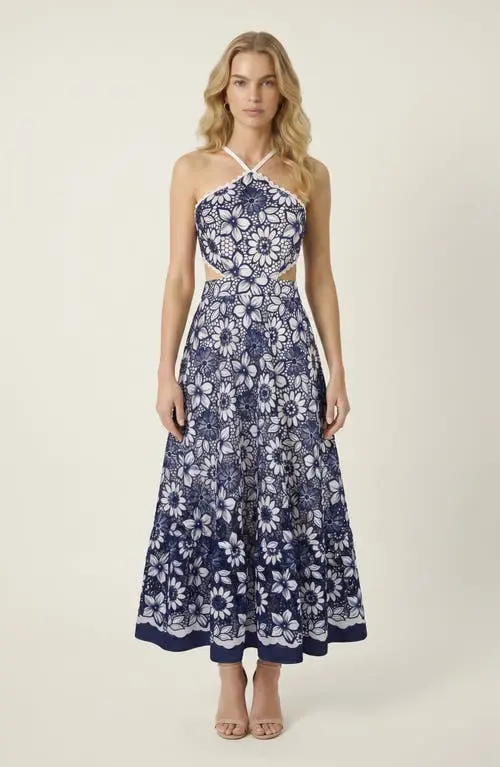 MODENAIRE Halterneck Dress With Vintage Embroidery And Cutout Waist - Blue