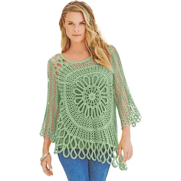 Roaman's Crochet Starburst Pattern Sweater With Bell Sleeves - Green Mint