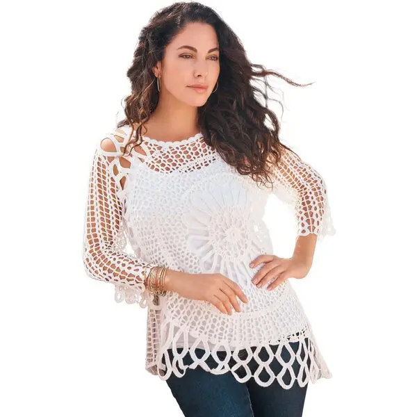 Roaman's Crochet Starburst Pattern Sweater With Bell Sleeves - White