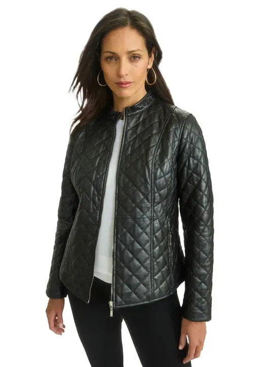 JESSICA LONDON Quilted Leather Jacket - Black