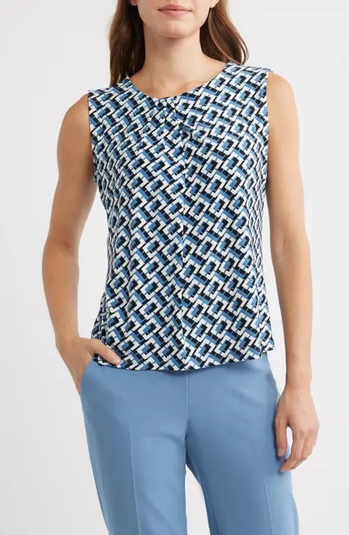 Anne Klein Geometric Print Pleated Neck Shell - Dutch Blue Multi