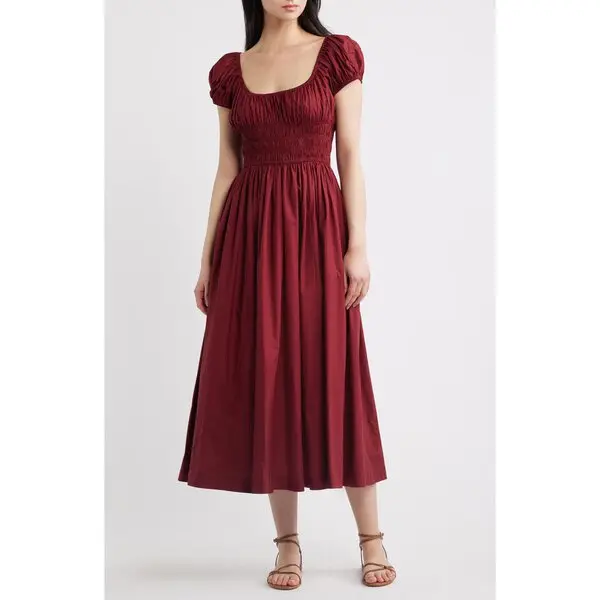 DÔEN Quinley Organic Cotton Shirred Midi Dress - Deep Ruby