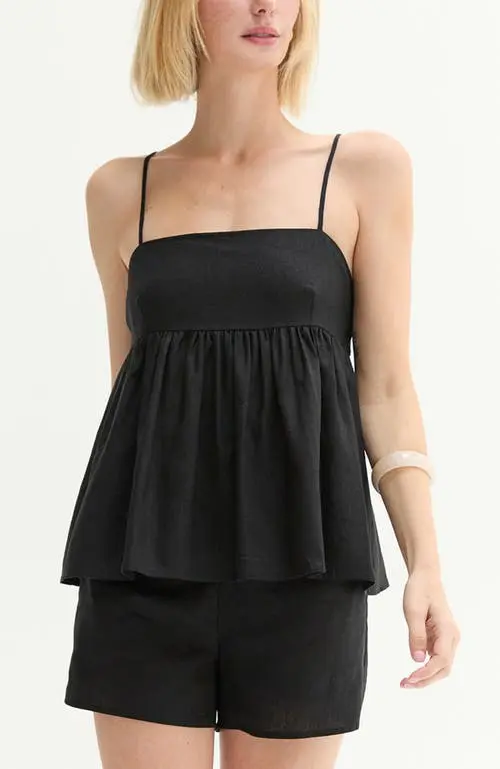 CRESCENT Tie Back Babydoll Linen Blend Top - Black