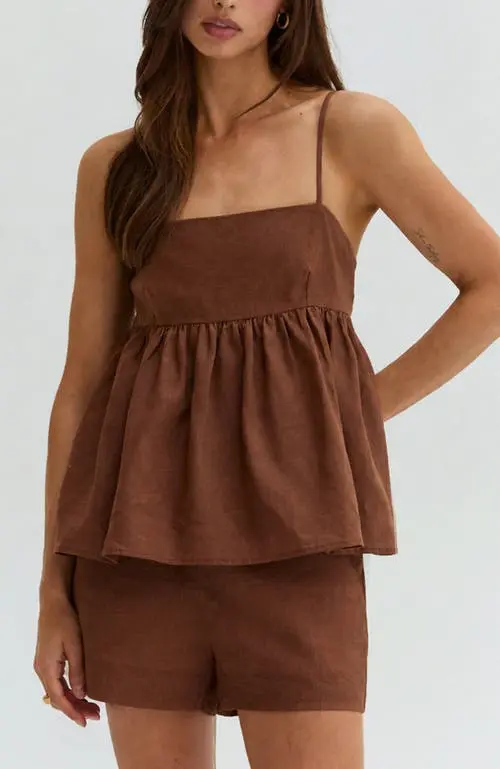 CRESCENT Tie Back Babydoll Linen Blend Top - Brown