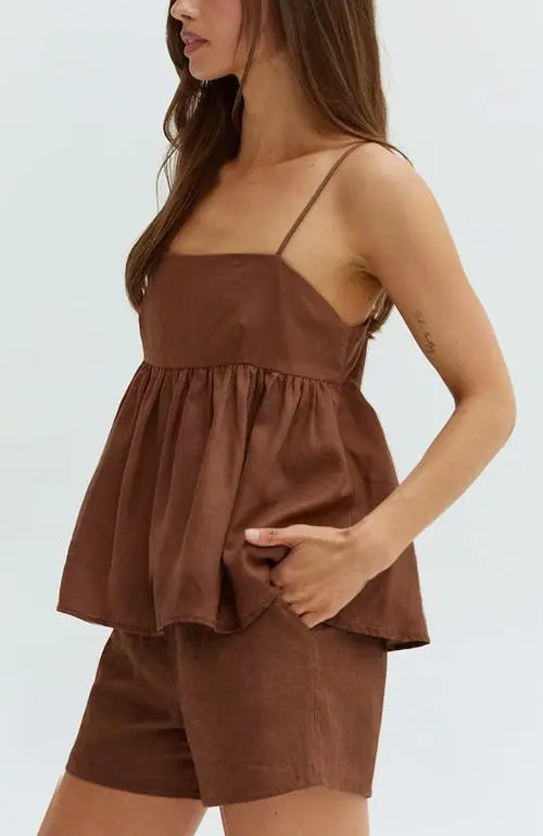 CRESCENT Tie Back Babydoll Linen Blend Top - Brown