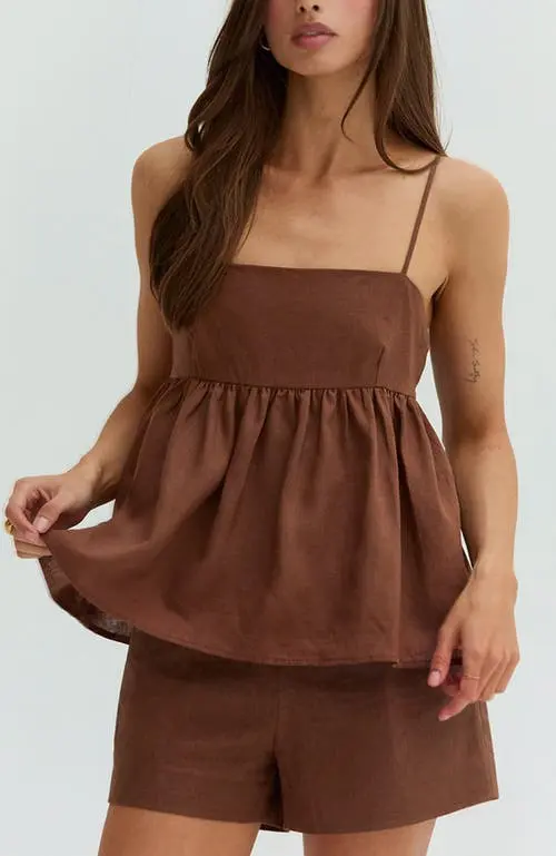 CRESCENT Tie Back Babydoll Linen Blend Top - Brown