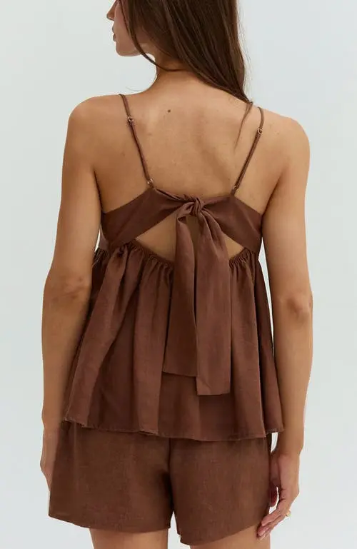 CRESCENT Tie Back Babydoll Linen Blend Top - Brown