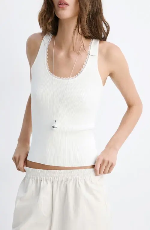 Mango Rib Knit Lace Trim Scoop Neck Tank - Ecru