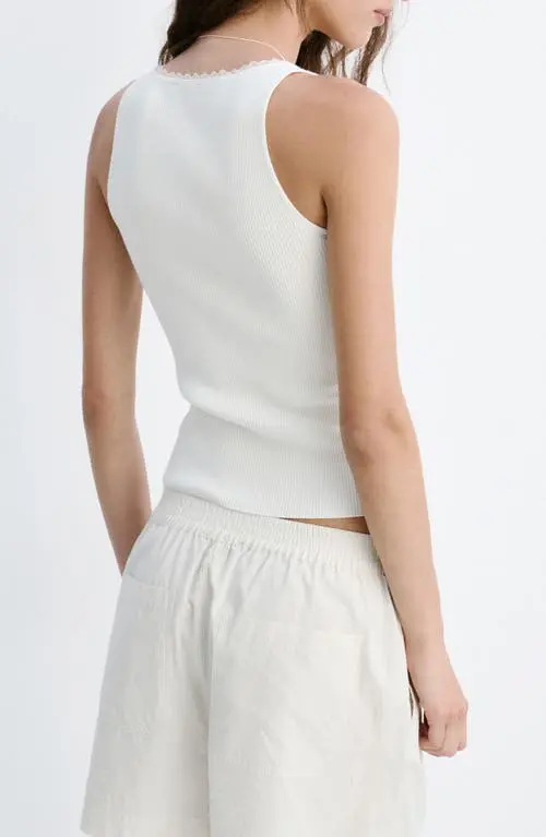 Mango Rib Knit Lace Trim Scoop Neck Tank - Ecru