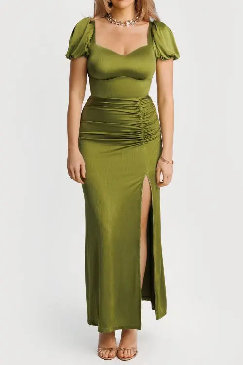 POPILUSH Sculpting Square Neck Maxi Dress With Sleeves And Built-in Shapewear - Olive