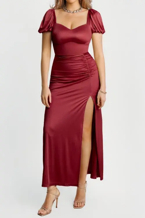 POPILUSH Sculpting Square Neck Maxi Dress With Sleeves And Built-in Shapewear - Ruby