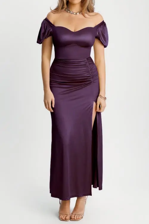 POPILUSH Sculpting Square Neck Maxi Dress With Sleeves And Built-in Shapewear - Violet