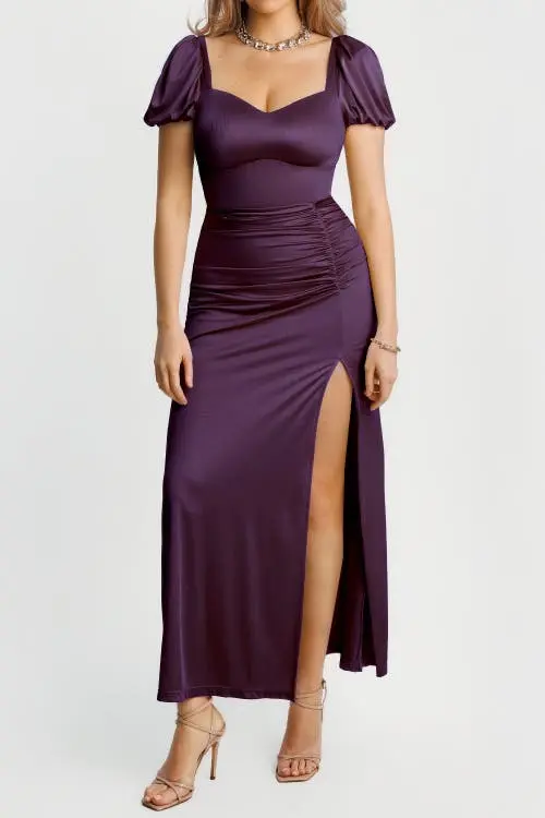 POPILUSH Sculpting Square Neck Maxi Dress With Sleeves And Built-in Shapewear - Violet