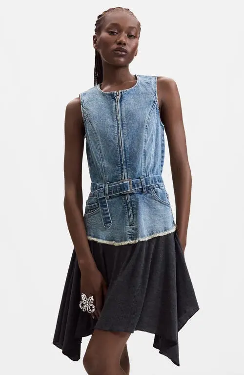 Desigual Sleeveless Denim & Knit Belted Dress