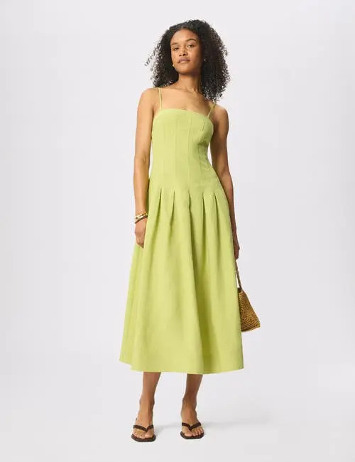 Whistles Linen Blend Waisted Midi Dress