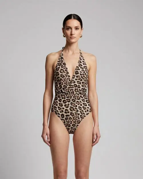LORDS OF HARLECH Halter One-piece Swimsuit - Leopard Brown