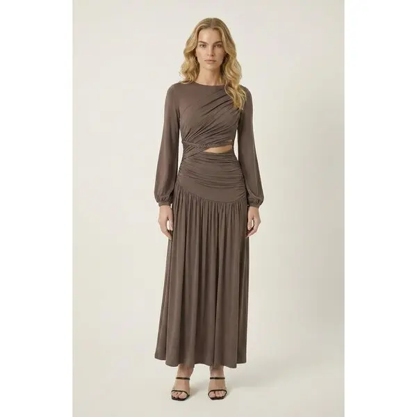 MODENAIRE Long Sleeve Slim Fit Maxi Dress - Coffee