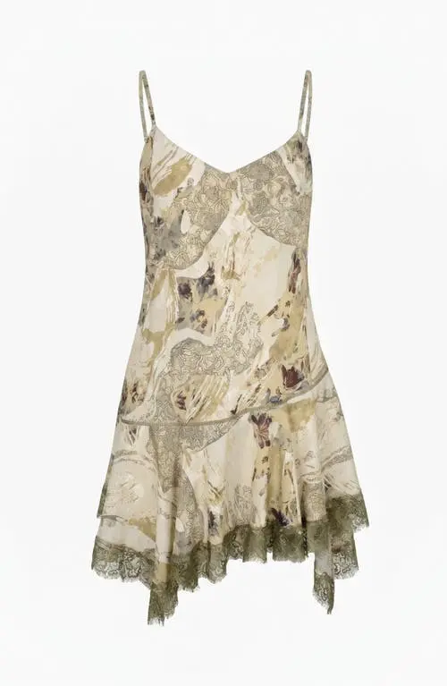 MODENAIRE Floral Lace Trim Slip Dress - Beige