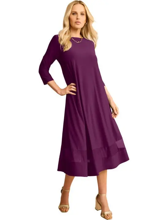 Roaman's 3/4 Sleeve Mesh Inset Boatneck Dress - Dark Berry