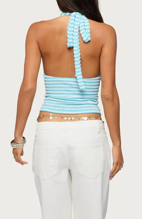 EDIKTED Maylah Stripe Knit Keyhole Halter Top - Turquoise
