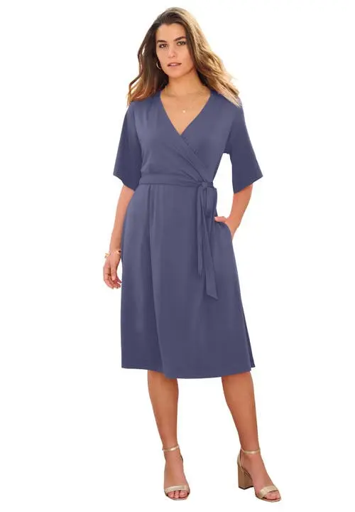 ROAMAN'S Short Sleeve Wrap Fit And Flare Dress - Deep Dusk